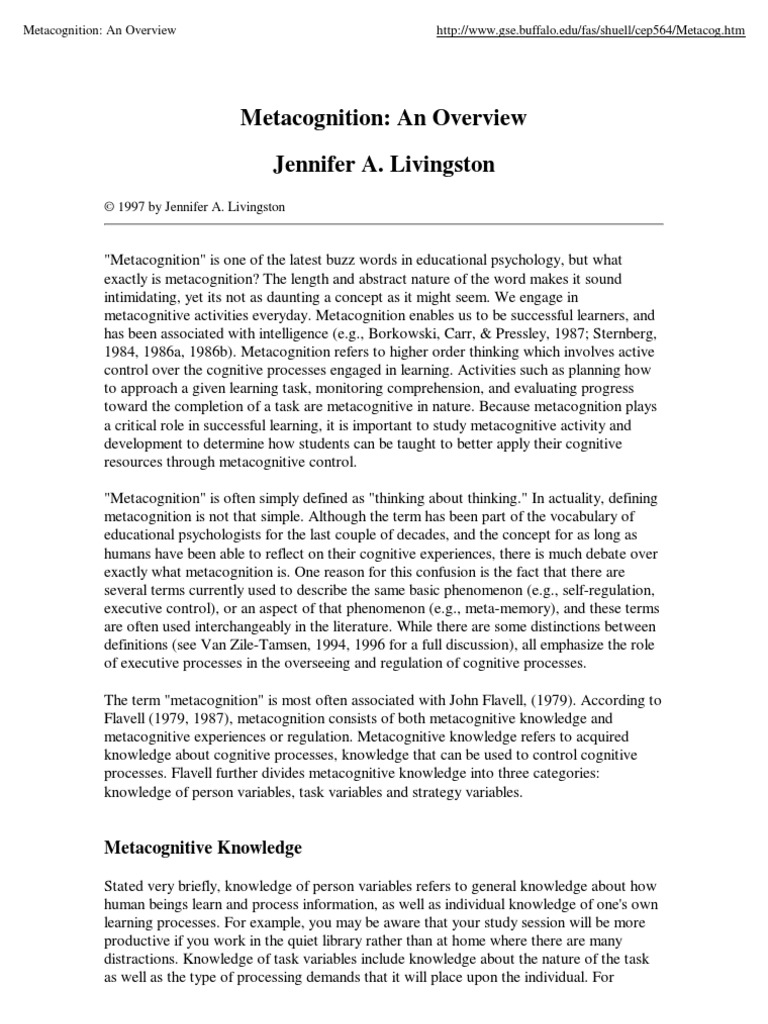 Livingston - Metacognition - An Overview | PDF | Metacognition | Cognition
