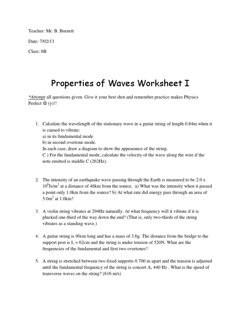 Properties of Waves Worksheet | PDF | Waves | Frequency