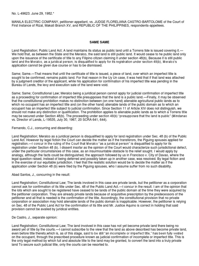 MERALCO Vs Castro-Bartolome (1982) | PDF | Legal Personality | Manila