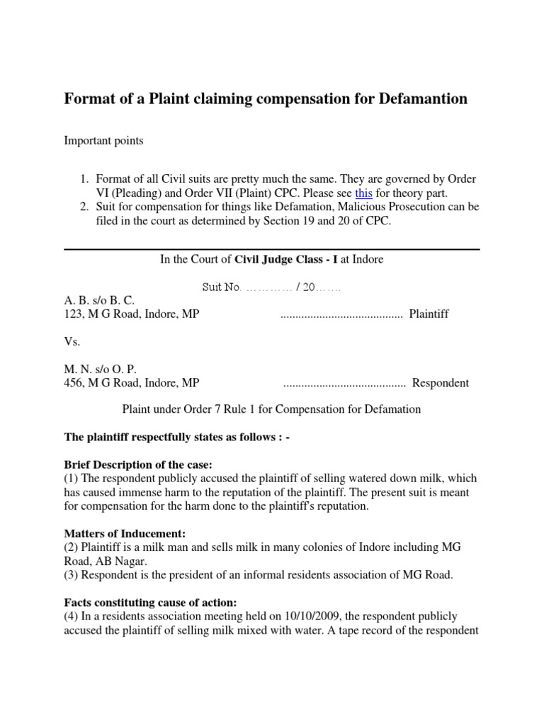 Plaint Format | PDF | Defamation | Lawsuit