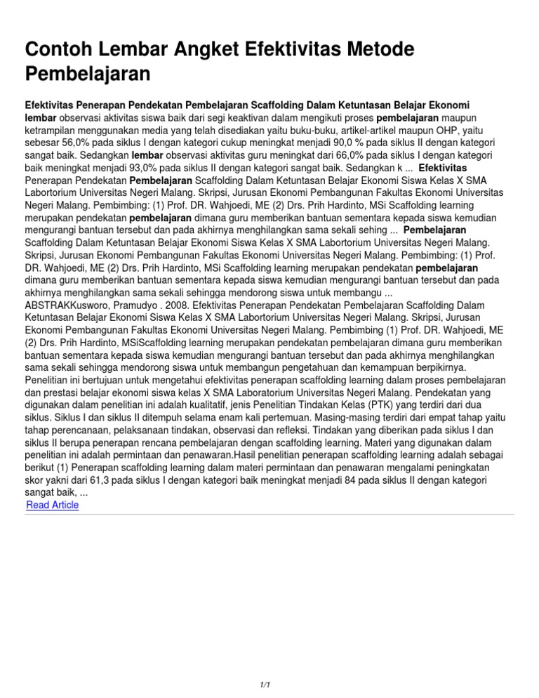 Contoh Lembar Angket Efektivitas Metode Pembelajaran | PDF