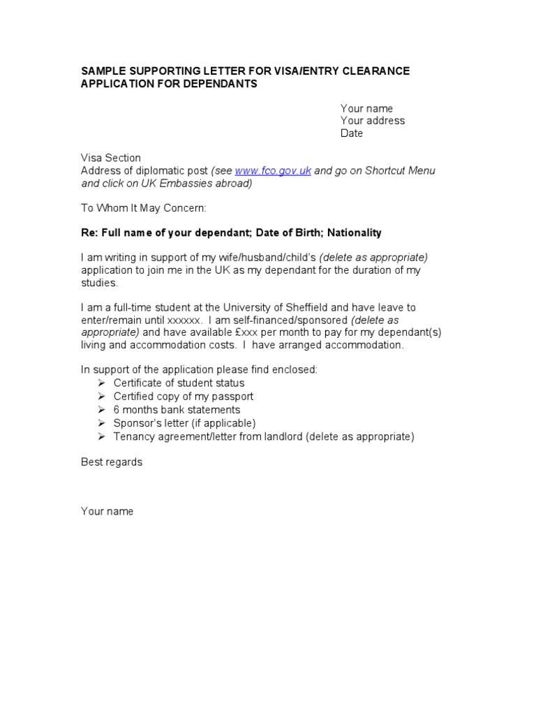 Visa Support Letter for Dependants | PDF