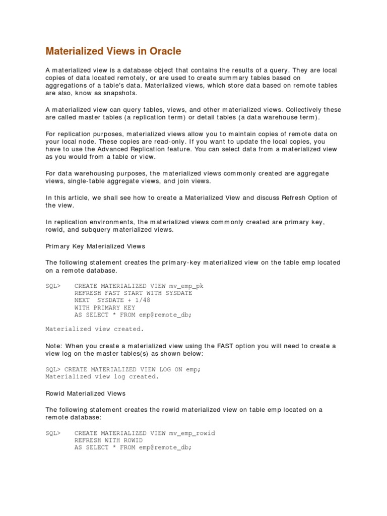 Materialized Views in Oracle | PDF | Replication (Computing) | Data ...