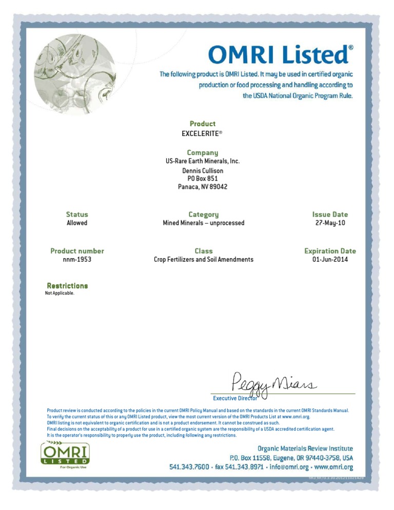 U.S. Rare Earth Minerals, Inc - 2014 Excelerite OMRI Certificiation | PDF