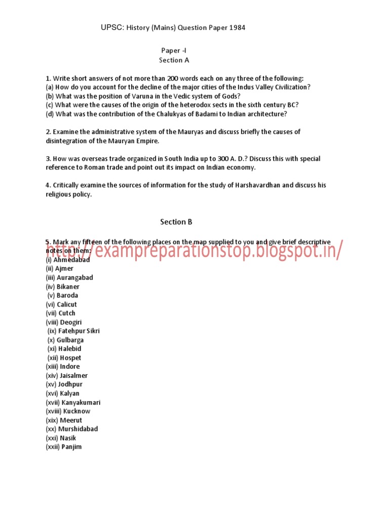 Upsc: History (Mains) Question Paper 1984 Paper - I Section A | PDF ...