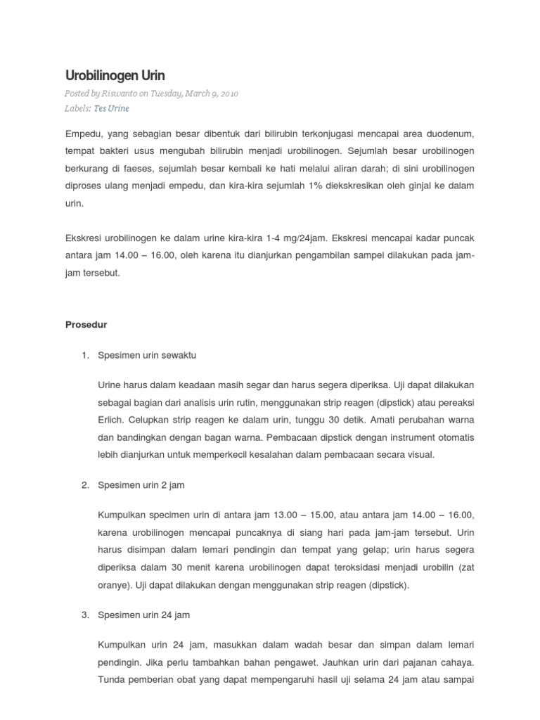 Urobilinogen dalam Urin: Penjelasan dan Nilai Normal | PDF