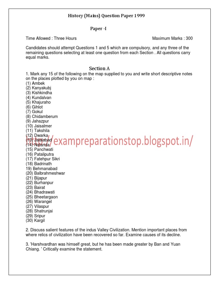 Section A: History (Mains) Question Paper 1999 Paper - I | Download ...
