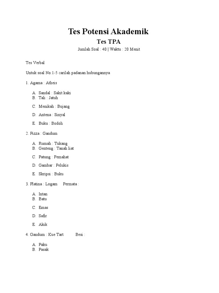 Contoh TPA - Tes Potensi Akademik | PDF