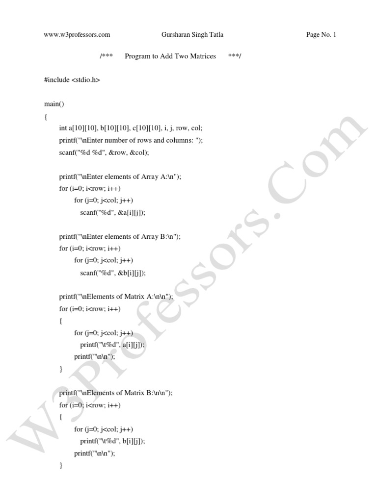 Program To Add Two Matrices | PDF
