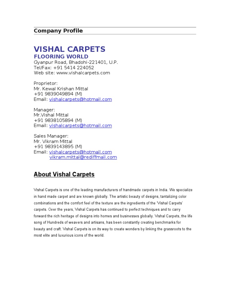 Vishal Carpets Company Profile | PDF | Carpet | Weaving