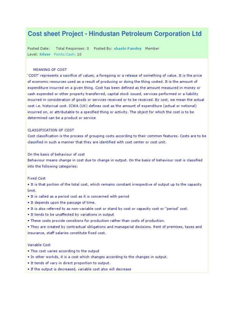 Cost Sheet Project Tata and HPCL | PDF | Business | Business Economics