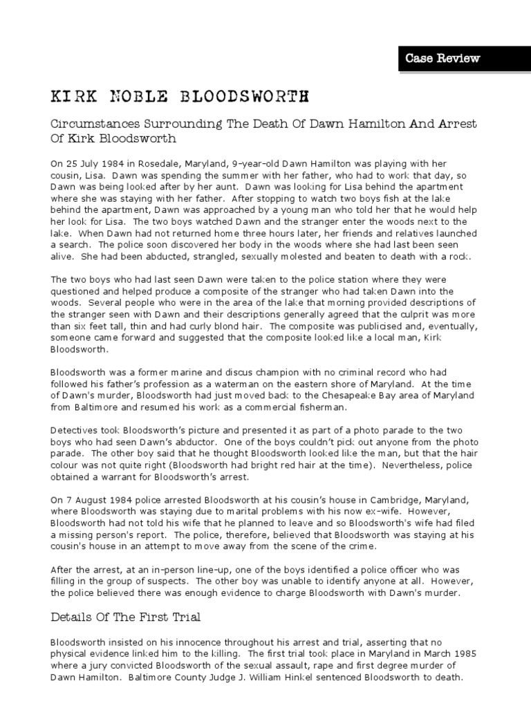 One For Ten: Kirk Bloodsworth Legal Review | PDF | Witness | Dna Profiling