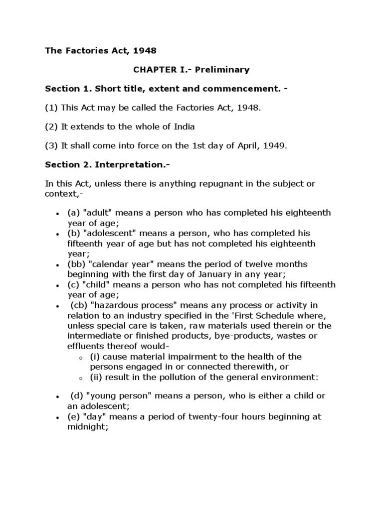The Factories Act, 1948 CHAPTER I.-Preliminary Section 1. Short Title ...
