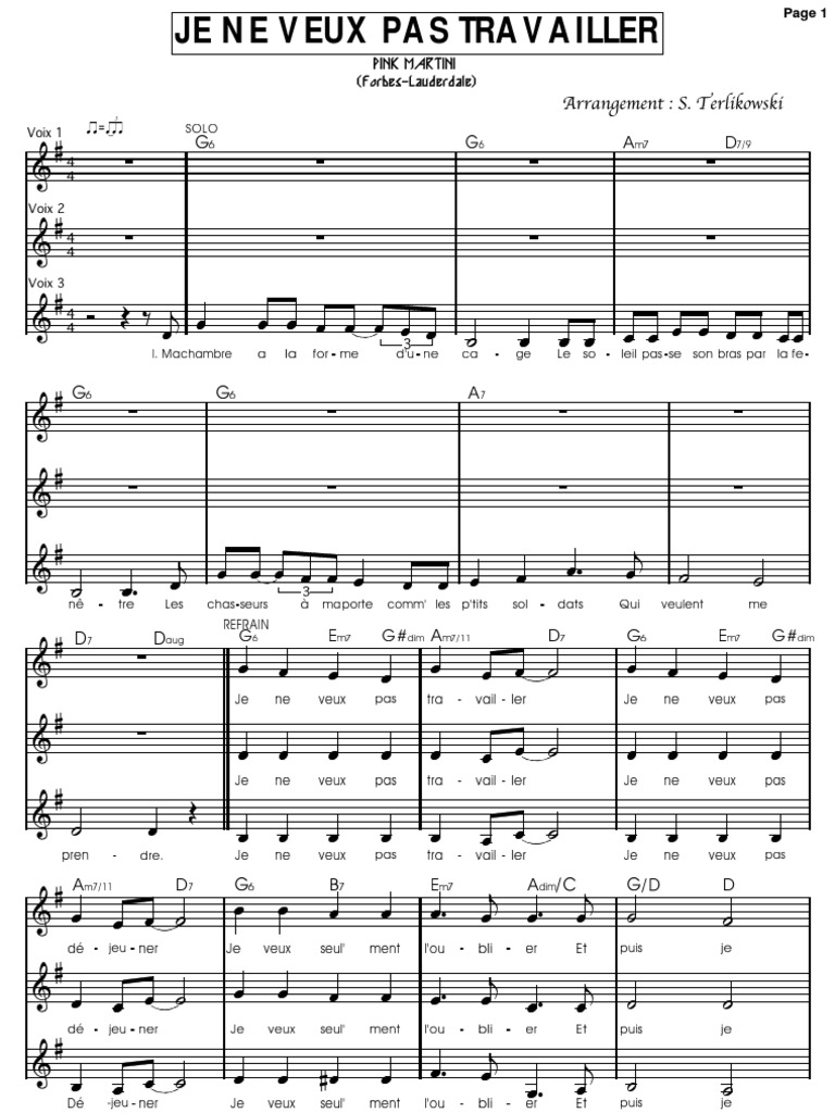 Je Ne Veux Pas Travailler - Pink Martini | PDF