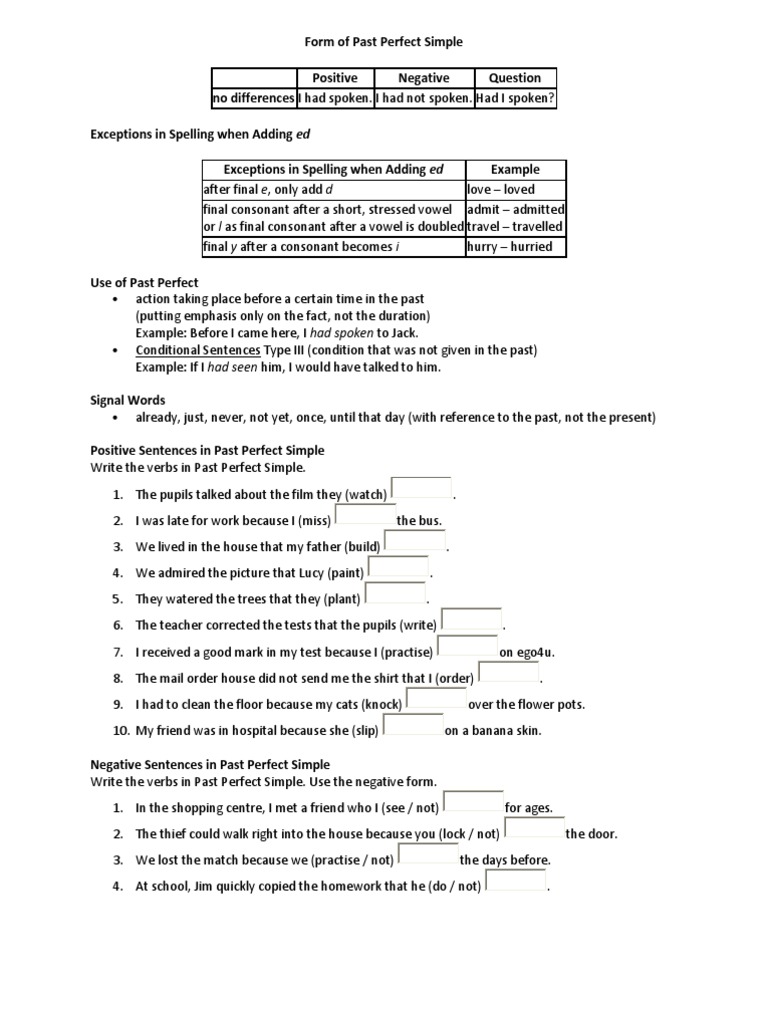 Form of Past Perfect Simple | PDF | Linguistics | Grammar