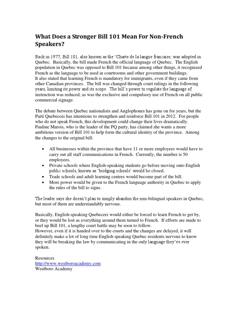 Stronger Bill 101: Impact on Non-French Speakers | PDF | Home & Garden