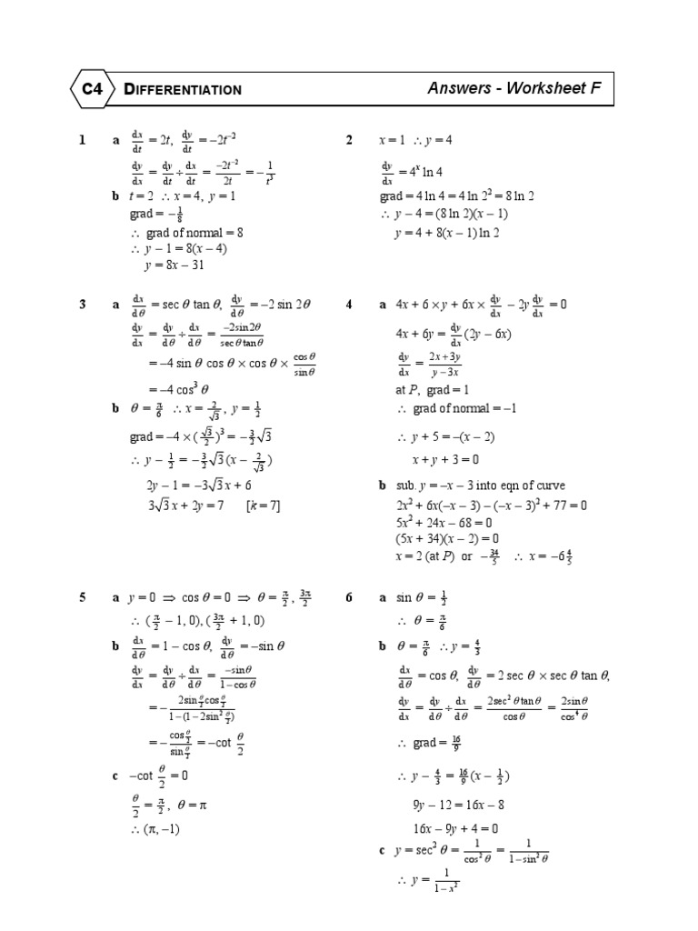 Answers - Worksheet F: Ifferentiation | PDF