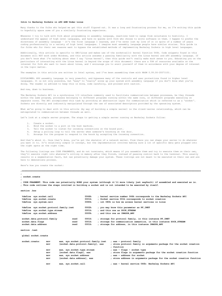 Berkeley Sockets In Linux Using X86 Asm Pdf Network Socket Linux