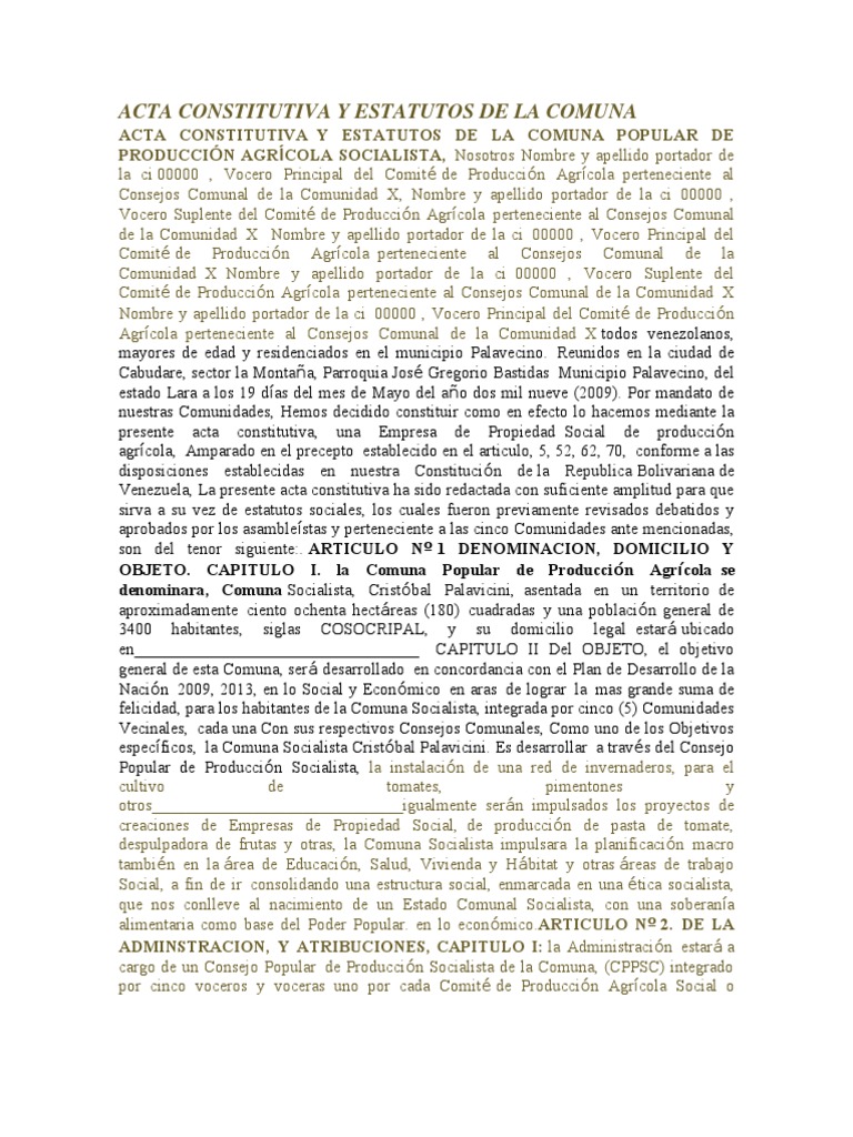 Acta Constitutiva y Estatutos de La Comuna | PDF | Elecciones | Contabilidad