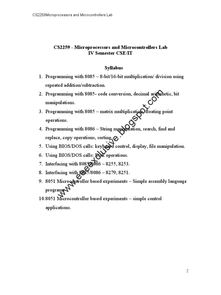 Cs2259 Microprocessors And Microcontrollers Lab Iv Semester Cseit Syllabus Pdf Division