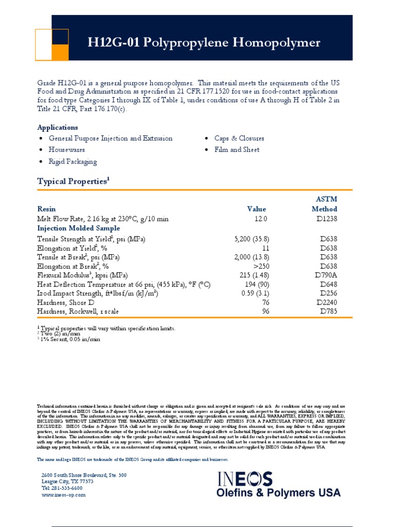 H12G-01 Polypropylene Homopolymer: Typical Properties | PDF | Materials ...
