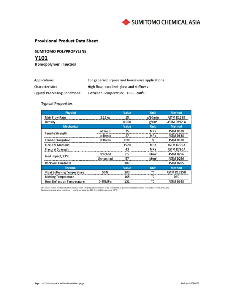 Provisional Product Data Sheet: Sumitomo Polypropylene | Download Free ...