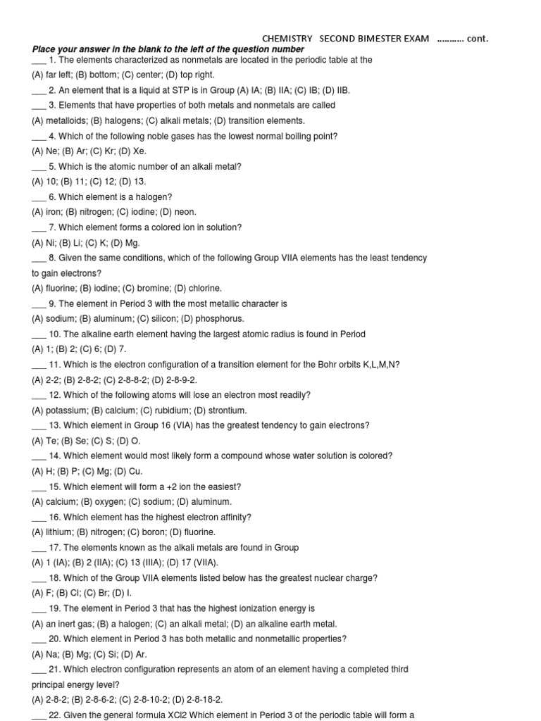 Chemistry Second Bimester Exam .. Cont.: Place Your Answer in The Blank ...