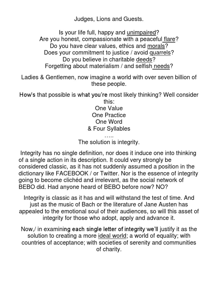 Integrity Speech | PDF | Integrity | Philosophical Theories