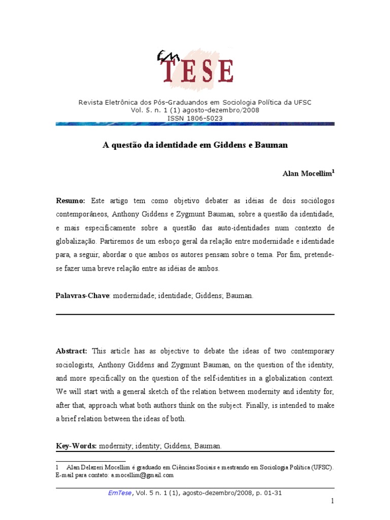 Modernidade e Identidade Giddens e Bauman | PDF