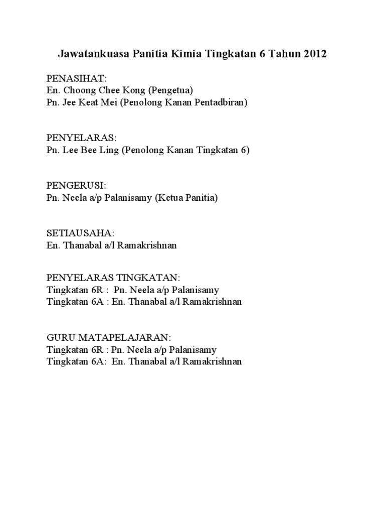 Jawatankuasa Panitia Kimia T6 2012 | PDF | Karier & Perkembangan | Gaya ...