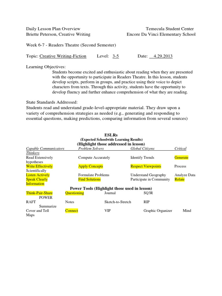 Week 10 and 11 Lesson Plan - Readers Theater Elementary | PDF | Reading ...