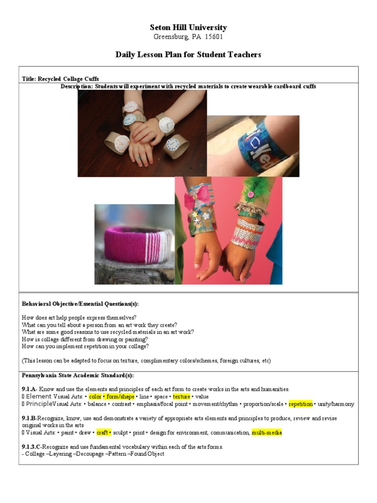 Seton Hill University Daily Lesson Plan For Student Teachers | PDF ...