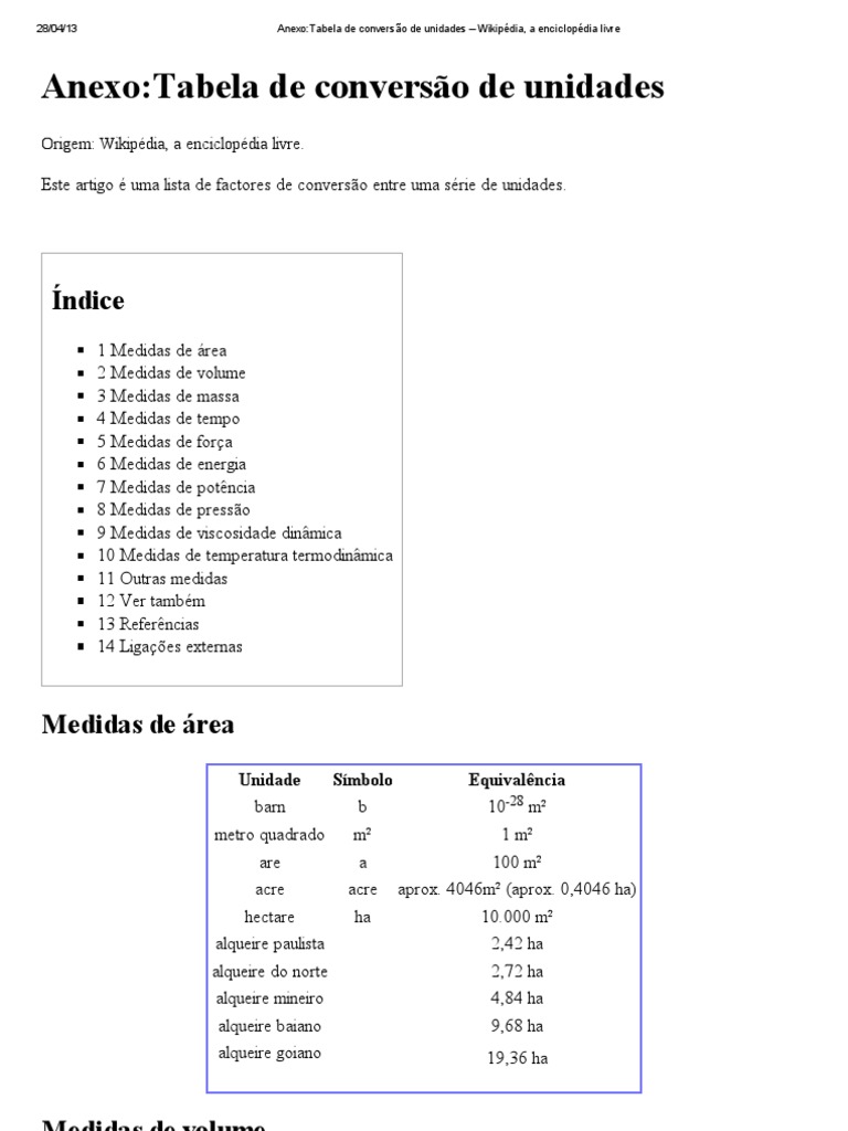 Compilação de fatores de conversão entre unidades de medida em diversas ...