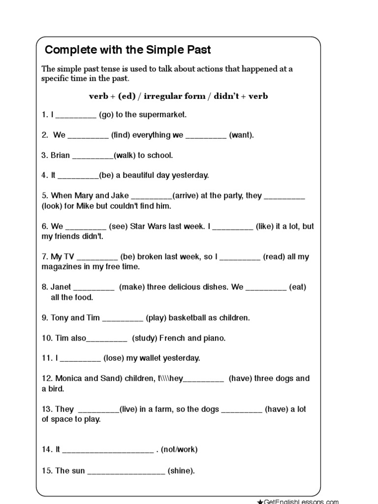 Complete With The Simple Past: Verb + (Ed) / Irregular Form / Didn't ...