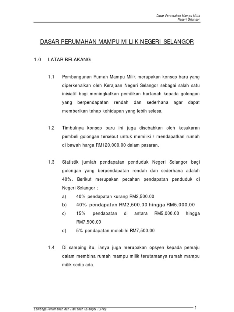 Dasar Perumahan Mampu Milik Selangor | PDF