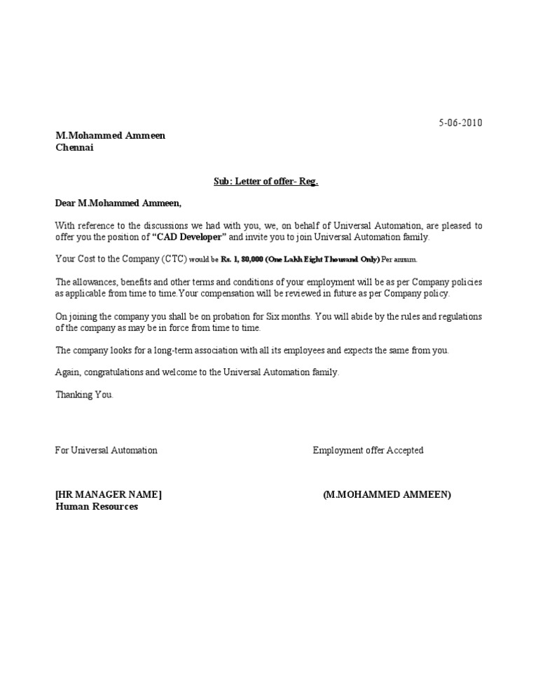 Offer Letter - Appointment Order Sample Format | Labor | Employment