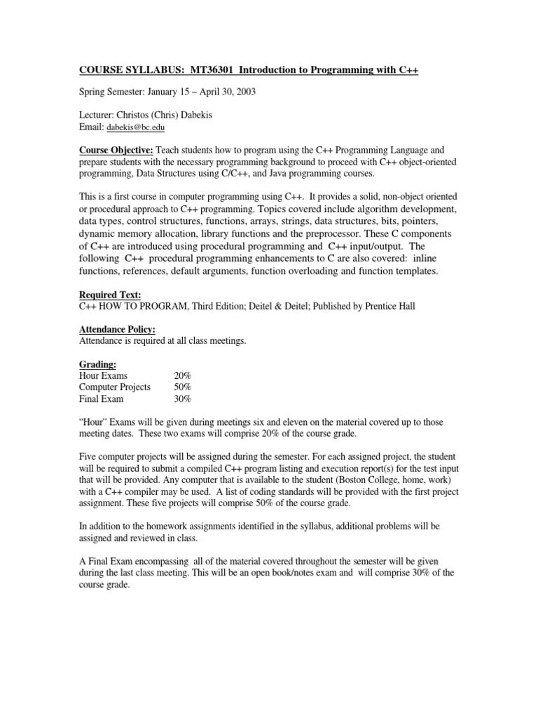 Course Syllabus Introduction To C Programming C C Programming Language