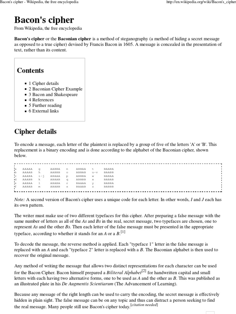 Bacon's Cipher - Wikipedia, The Free Encyclopedia | PDF | Secure ...