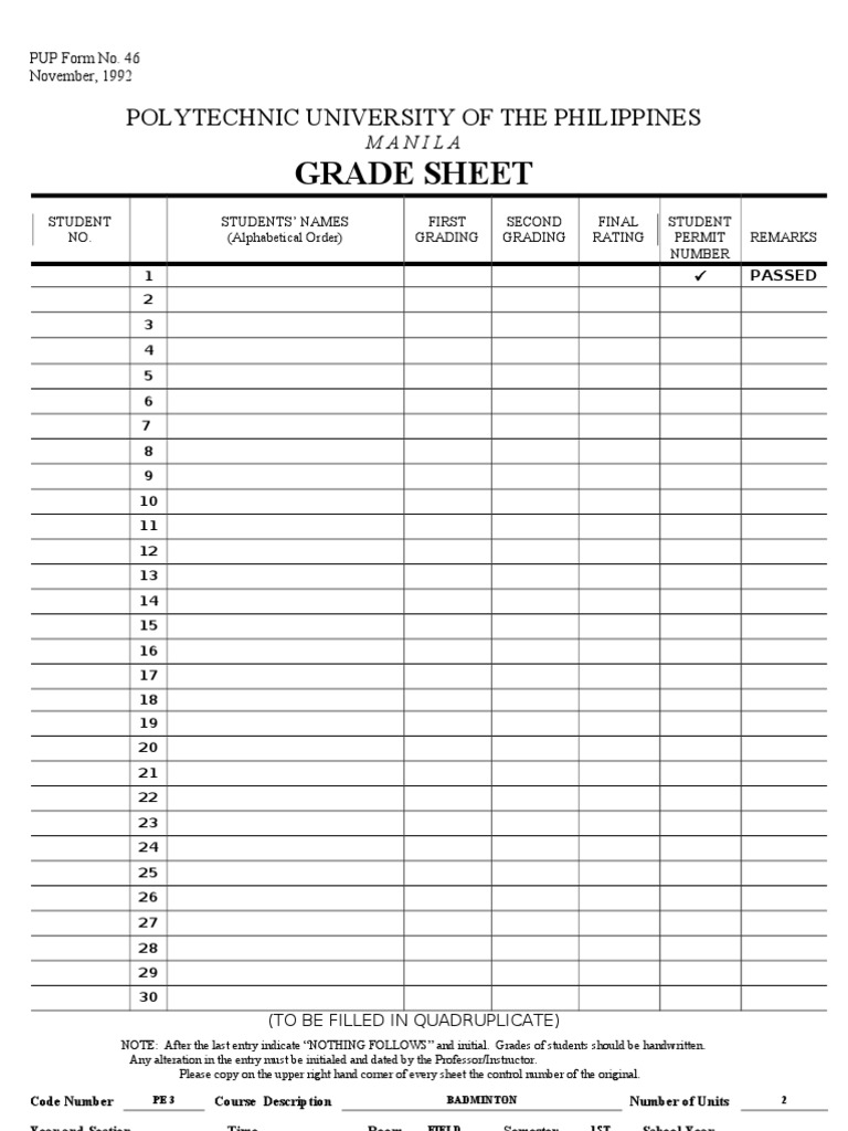 Blank Grade Sheets | PDF