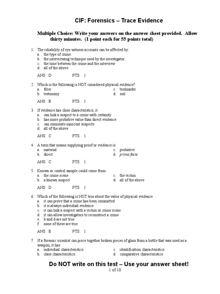 CIF - 2 - Test 2 - Trace Evidence Key | PDF | Hair | Soil