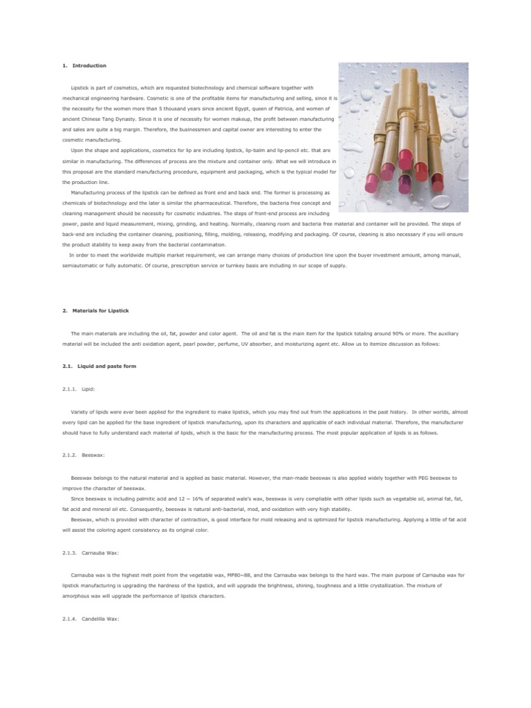 Lipstick Manufacturing Guide | PDF | Wax | Cosmetics