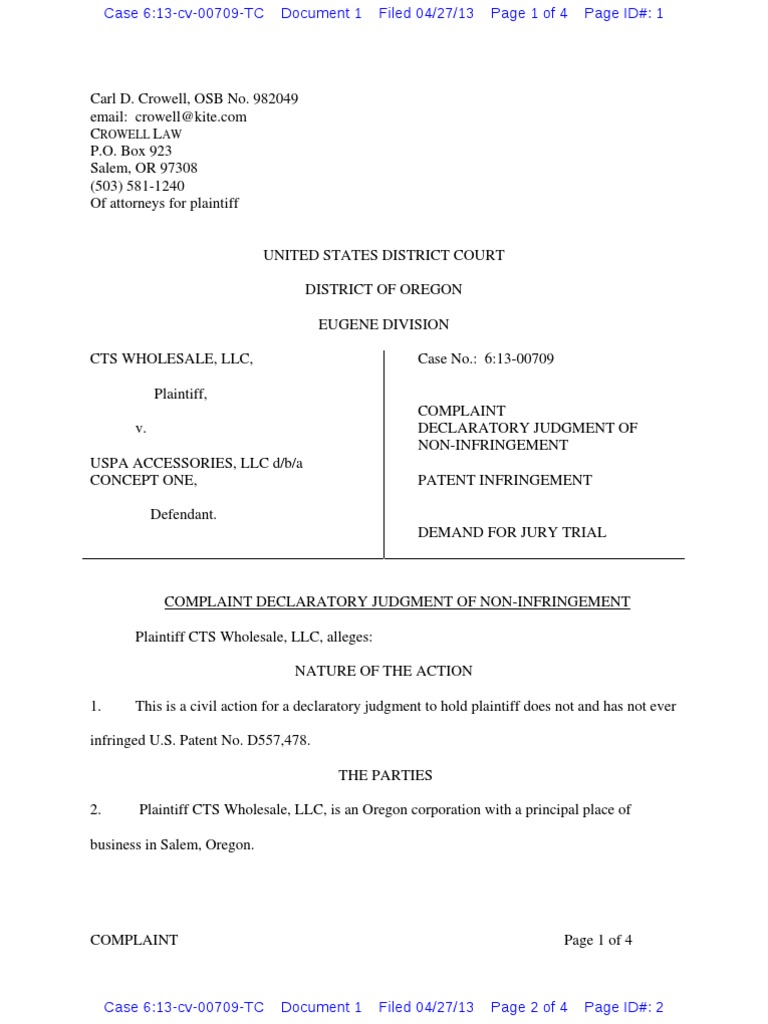 CTS v. USPA - Complaint | PDF | Declaratory Judgment | Complaint
