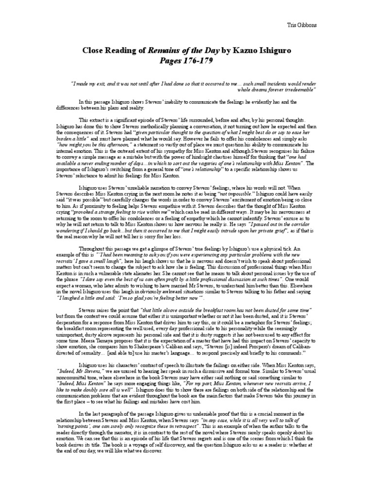 Remains of The Day Close Reading | PDF | Psychological Concepts