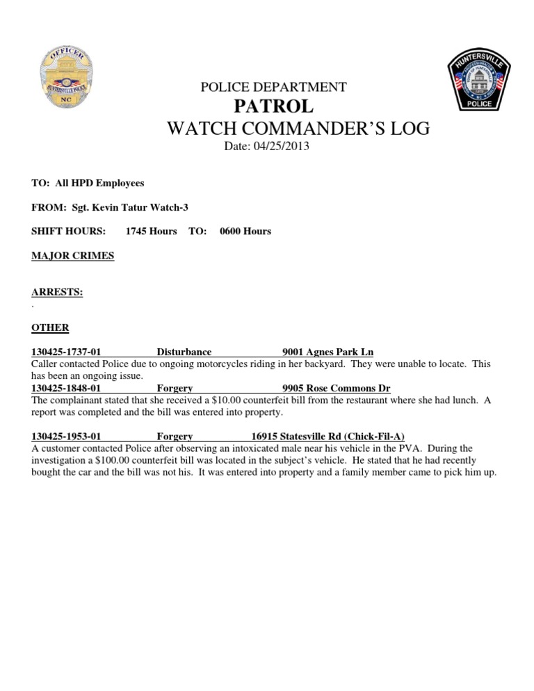 HPD Patrol Watch Log 4-25-13 Night | PDF | Law
