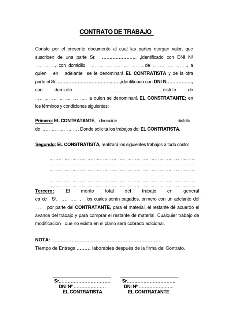 Formato De Contrato De Trabajo En Word