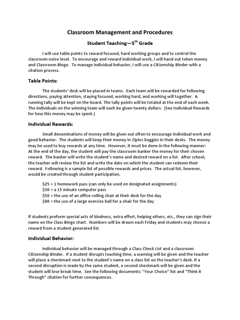 Classroom Management and Procedures: Student Teaching-5 Grade | PDF ...