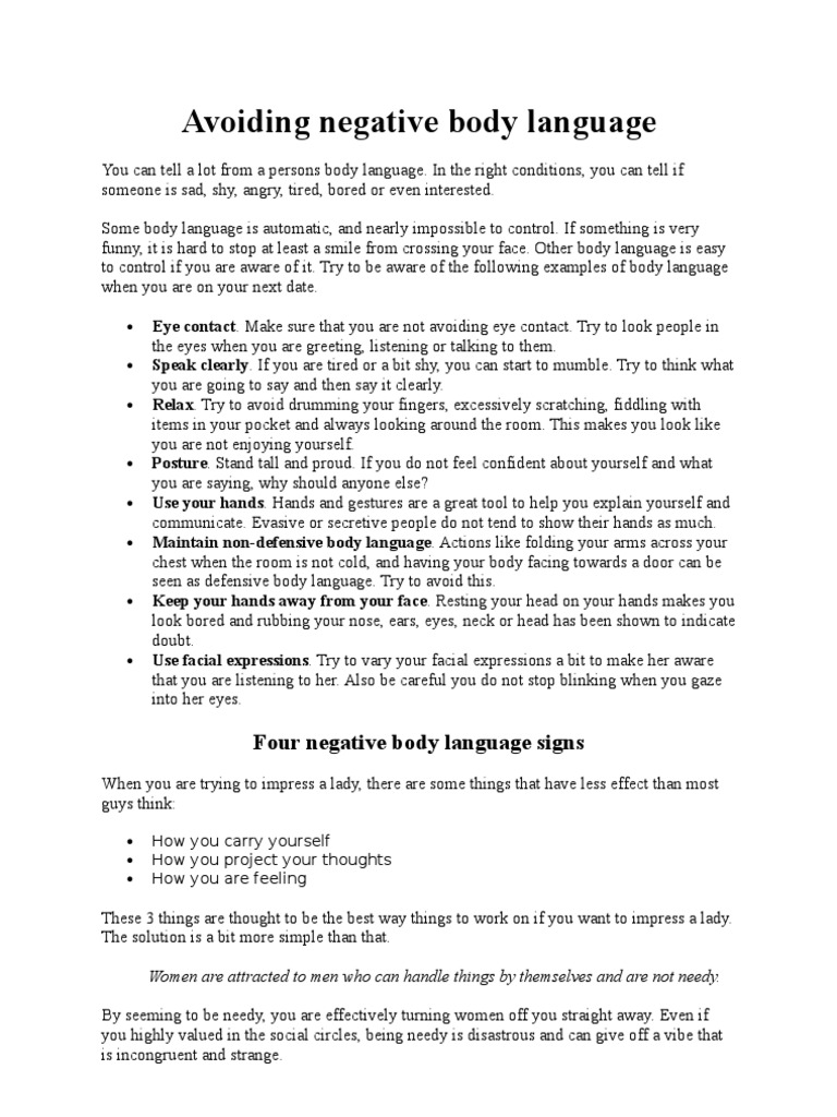 Avoiding Negative Body Language | PDF | Body Language | Human Communication