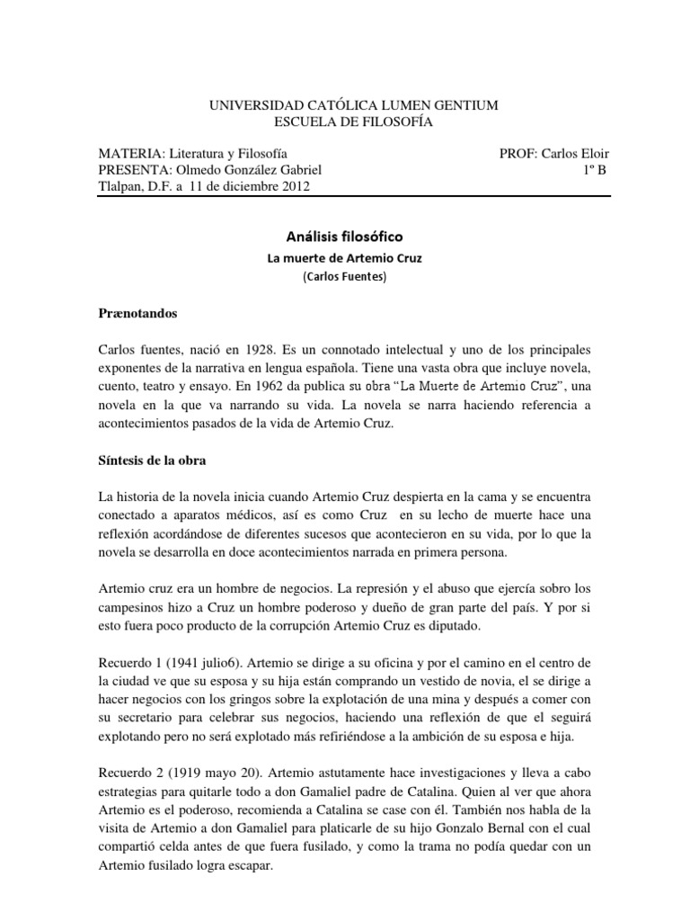 Analisis Libro La Muerte Artemio Cruz | PDF | Amor | Novelas