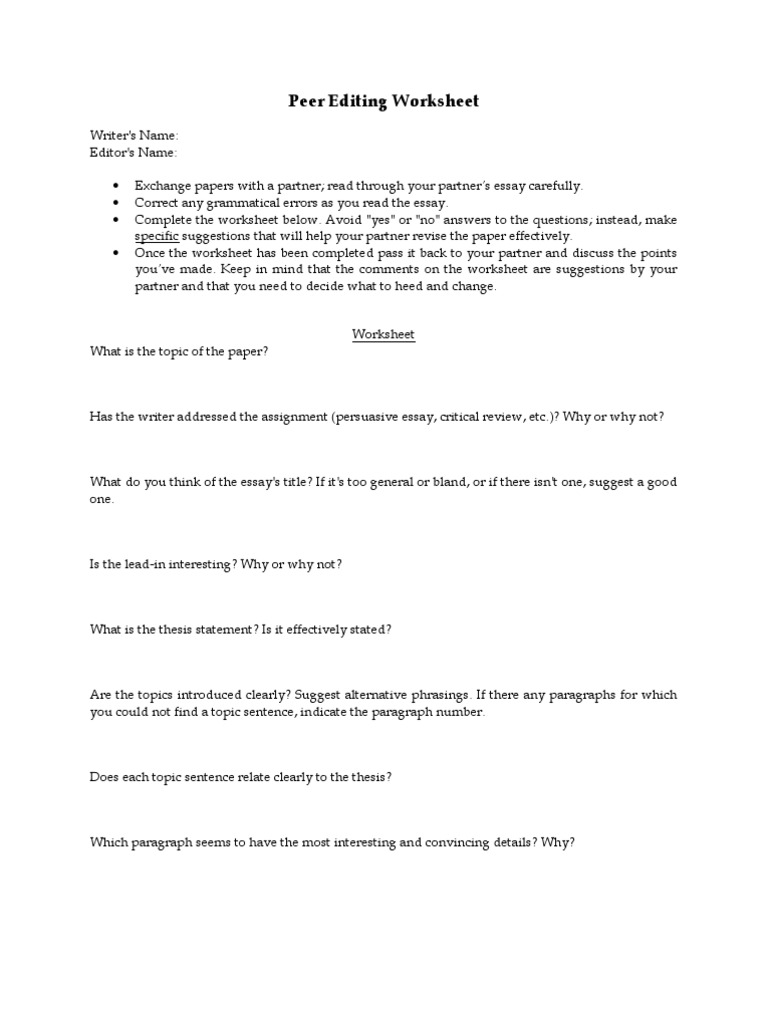 Peer Editing Worksheet Template | PDF