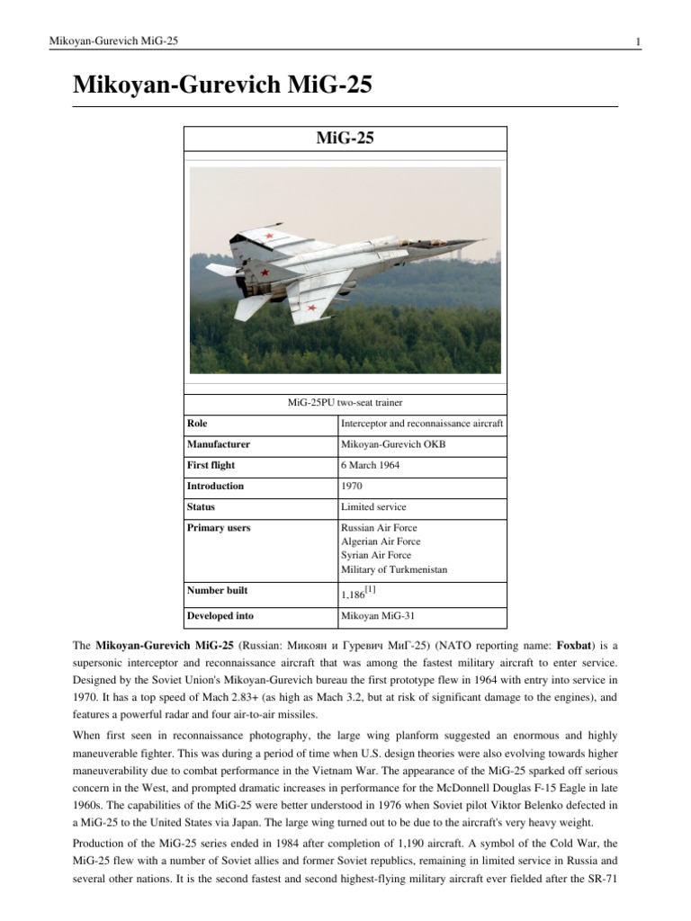 Mikoyan Gurevich MiG 25 | PDF | Interceptor Aircraft | Industries